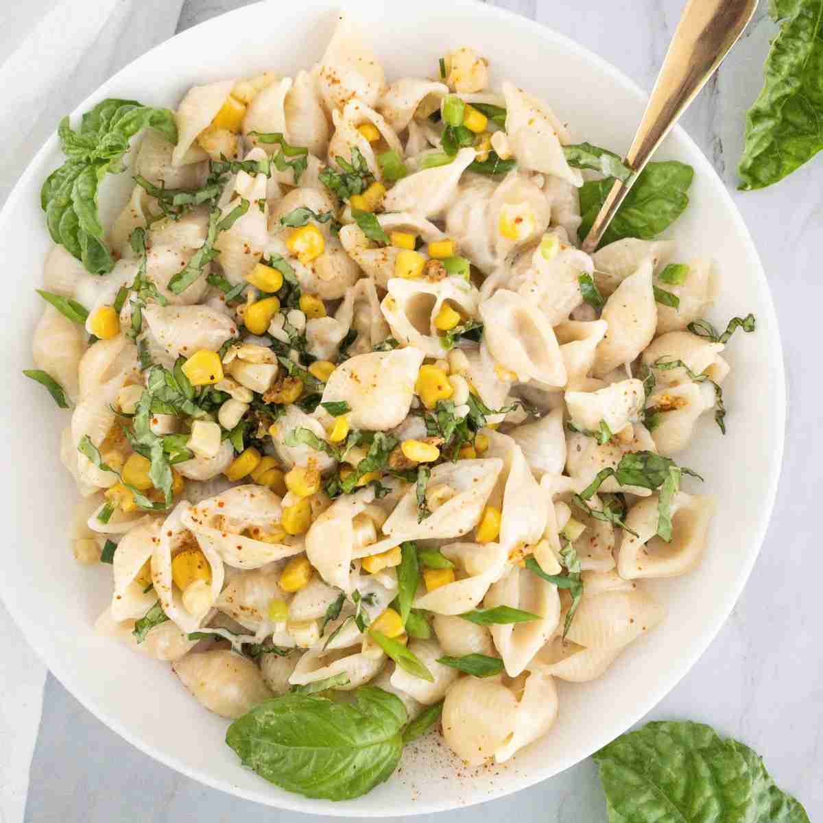 Creamy Corn Pasta with Basil, Calabrian Chili, Yogurt and Cheese