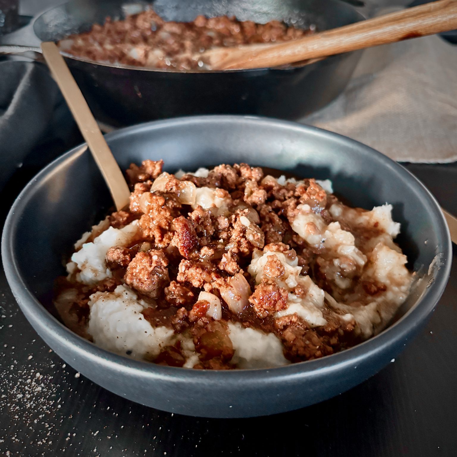 Ground Beef Mashed Potatoes - Salisbury Style. Cauli Mash.