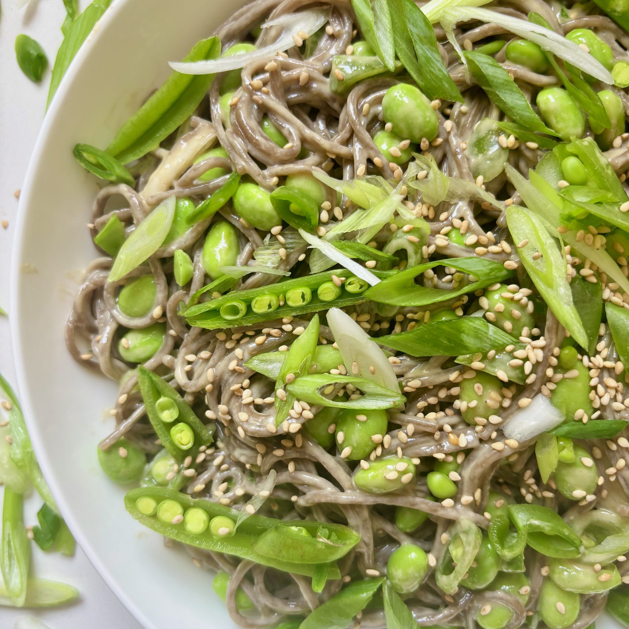 Cold Soba Noodles with Edamame, Snap Peas & Sesame Dressing