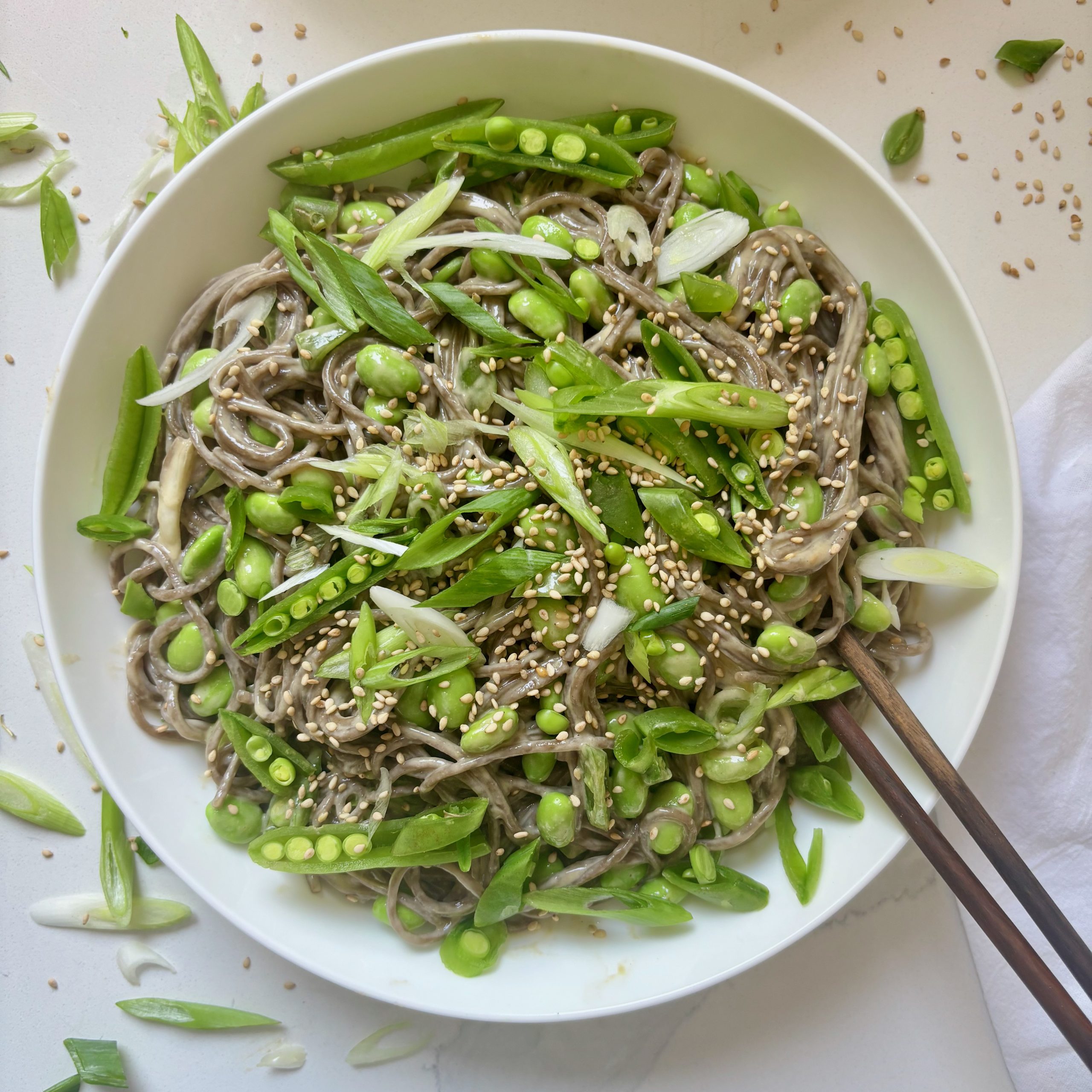 Cold Soba Noodles with Edamame, Snap Peas & Sesame Dressing